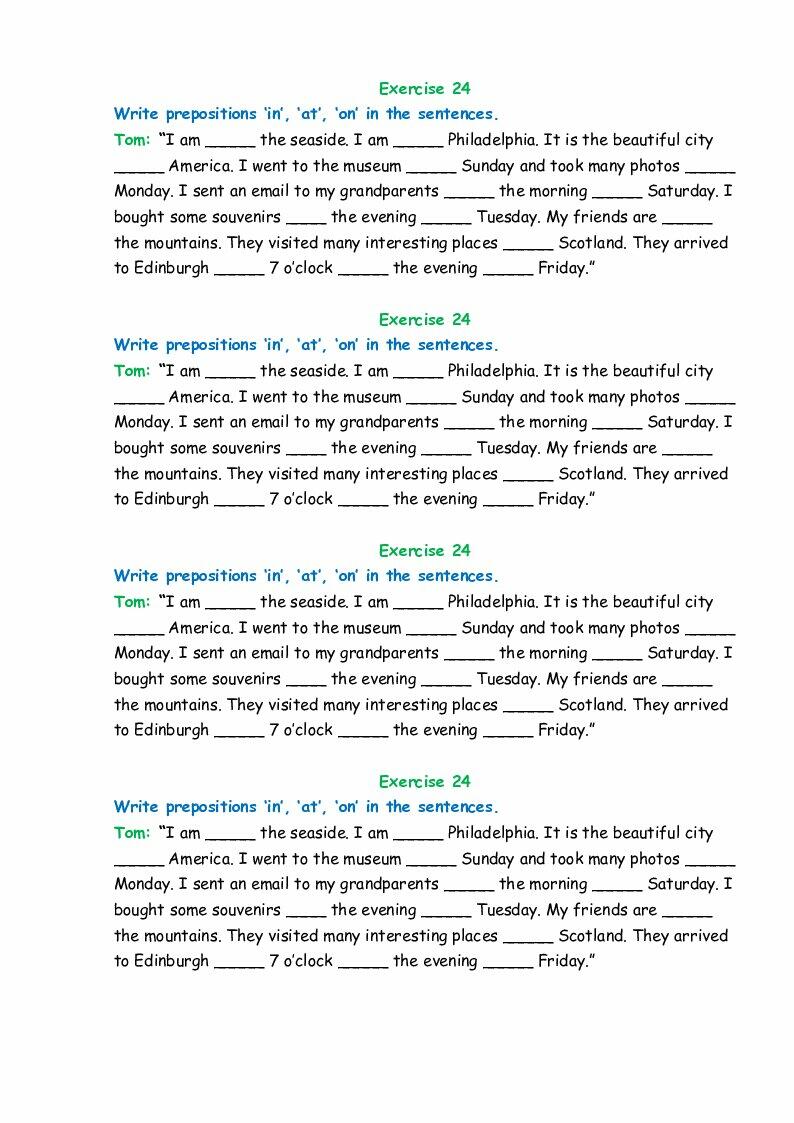 Дидактична картка "Grammar Exercises. On, In, At" (Exercise 24) | Інші методичні матеріали ...