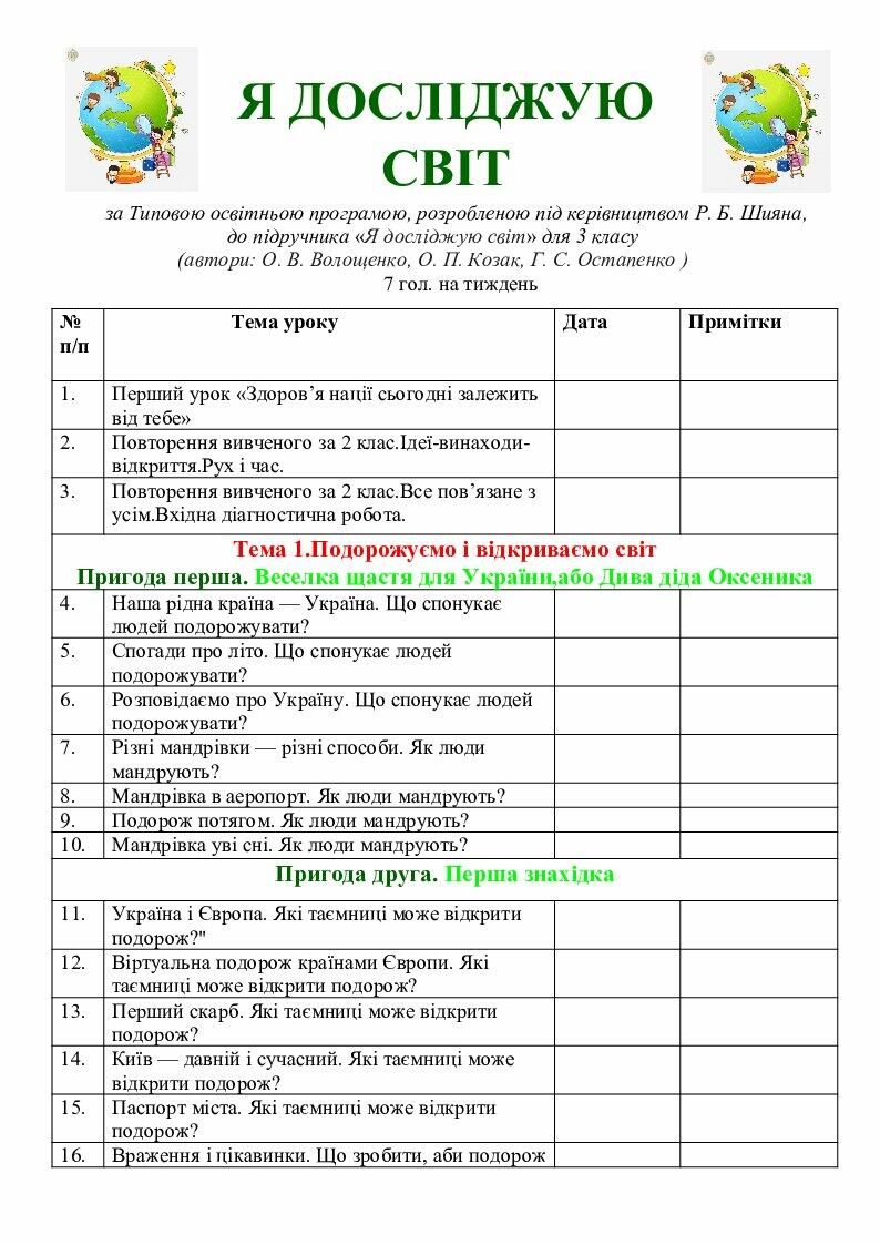 Календарно тематичне планування з ЯДС для 3 класу НУШ КТП Я