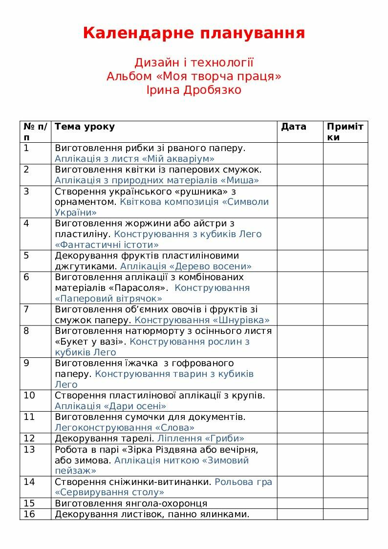Календарне планування Дизайн і технології Робоча програма Технології