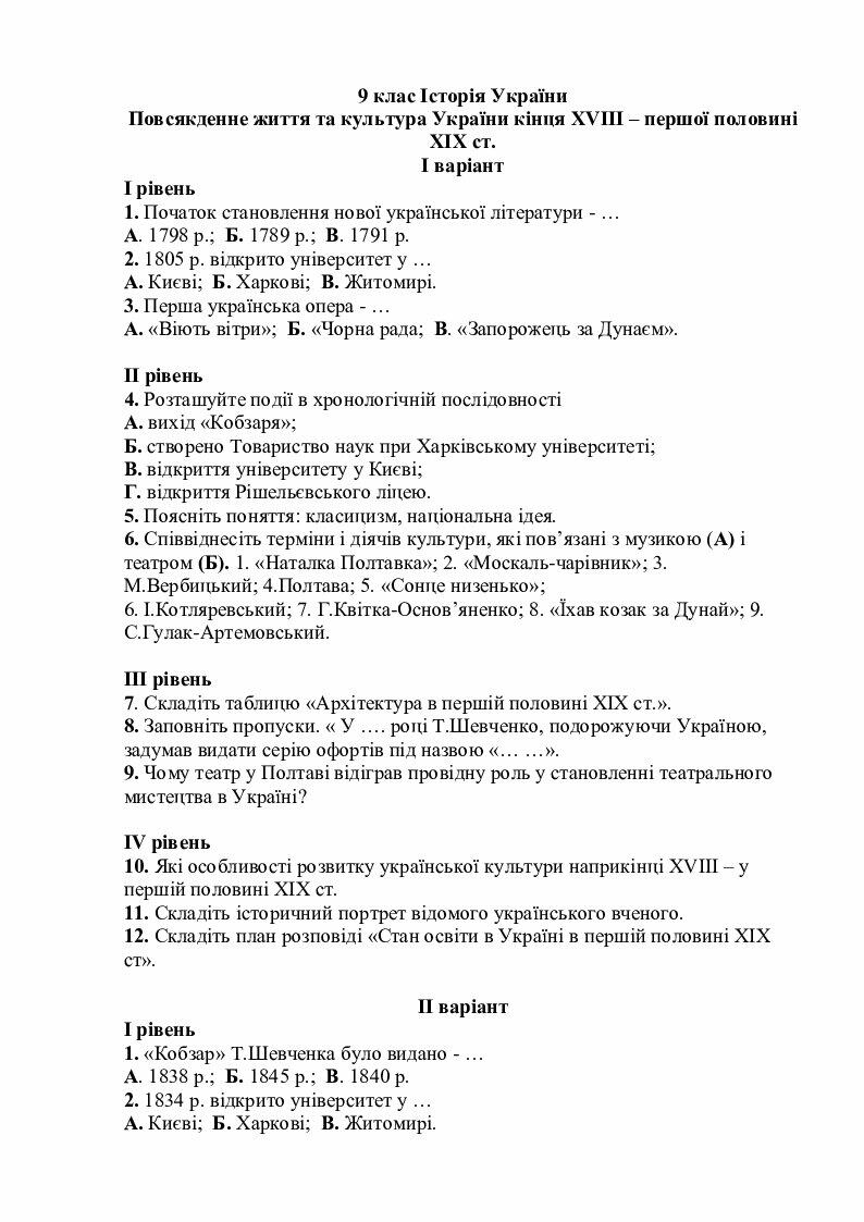 Тематична контрольна робота Повсякденне життя та культура України