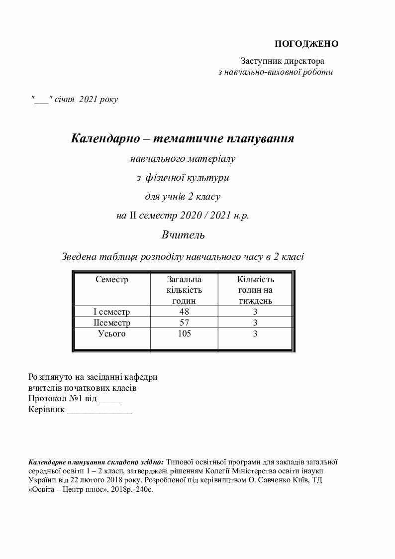 Календарне тематичне планування навчального матеріалу з фізичної культури для учнів 2 класу НУШ