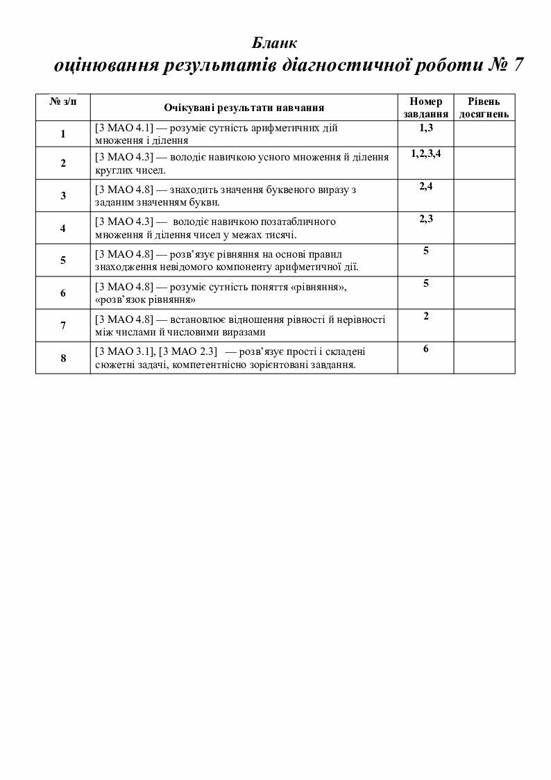 Діагностична робота №7 Множення і ділення в межах 1000 за підручником