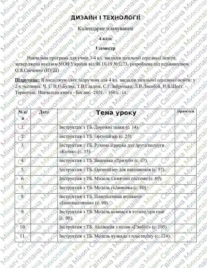 Дизайн і технології Календарне планування 4 клас І семестр КТП Технології