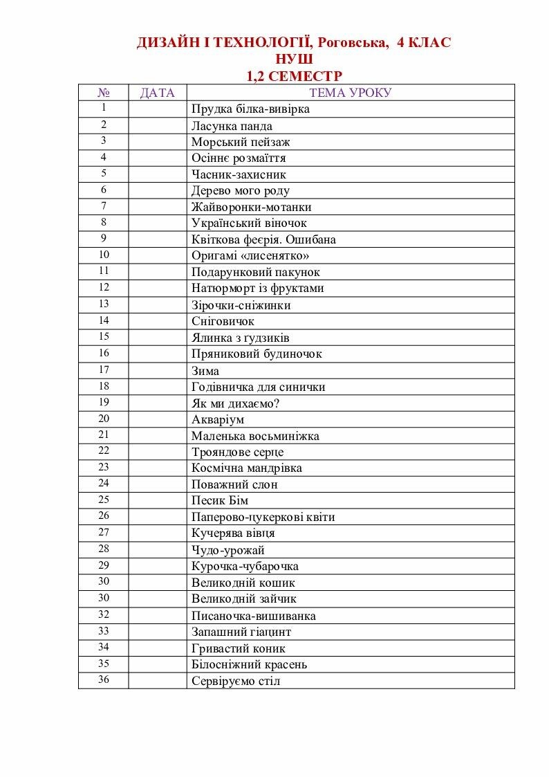 Календарно тематичне планування ДИЗАЙН І ТЕХНОЛОГІЇ альбомМаленький трудівничокРОГОВСЬКА Л