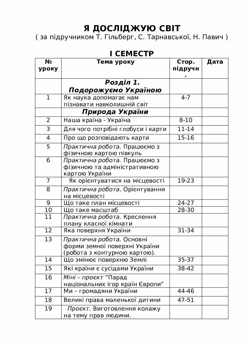 Календарне планування на І семестр ЯДС 4 клас Інші методичні матеріали ЯДС