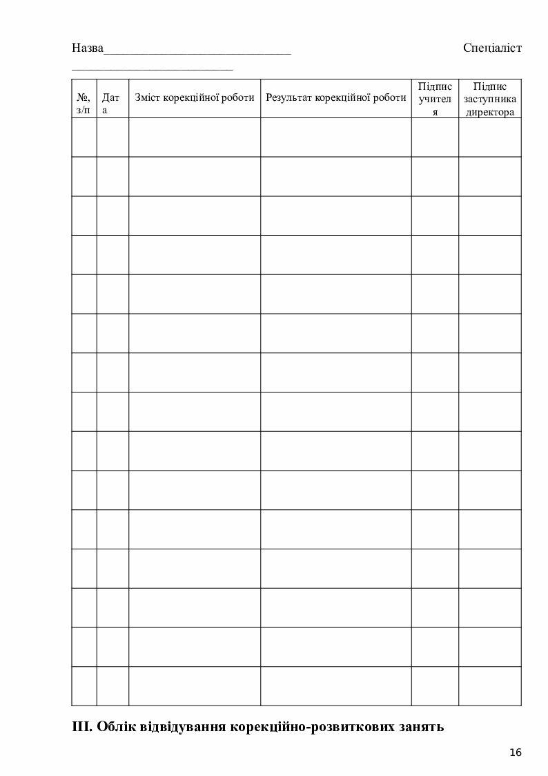 Журнал обліку корекційно розвиткових занять з учнями з ООП Інші методичні матеріали