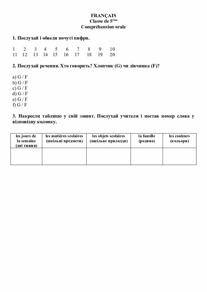 Контроль аудіювання 5 клас І семестр Тест Французька мова