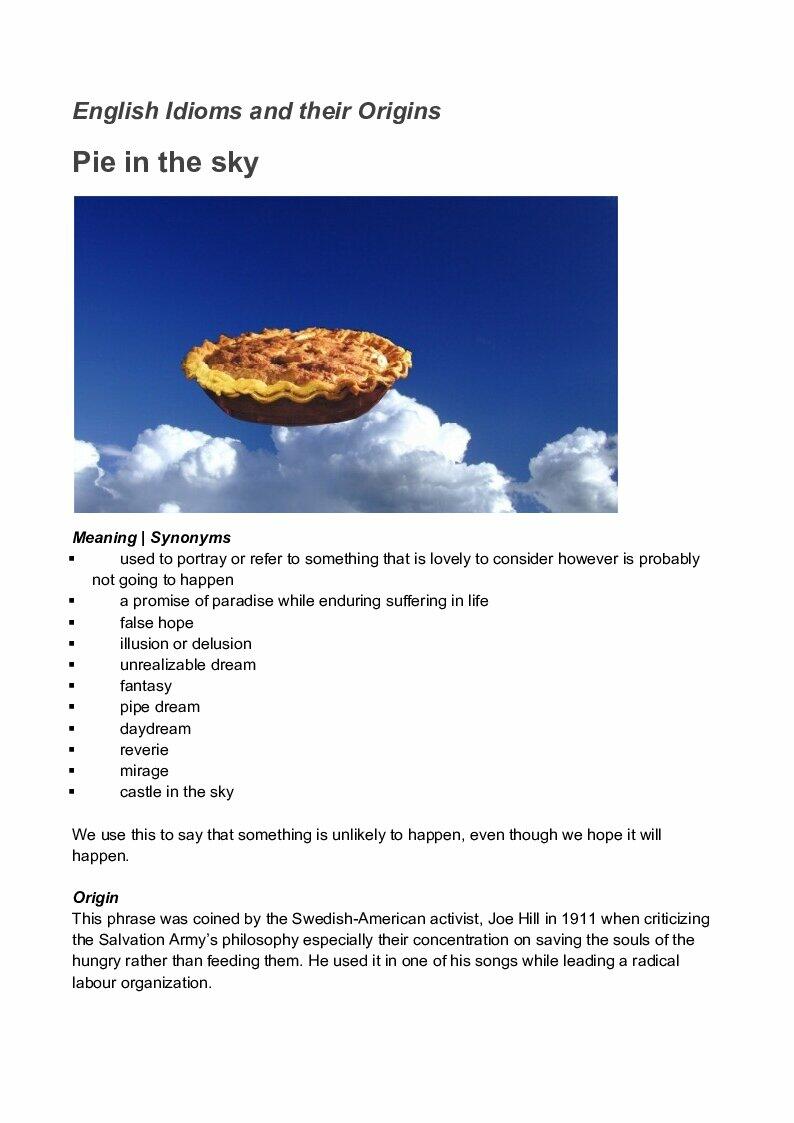 English Idioms and their Origins. Pie in the sky | Інші методичні ...