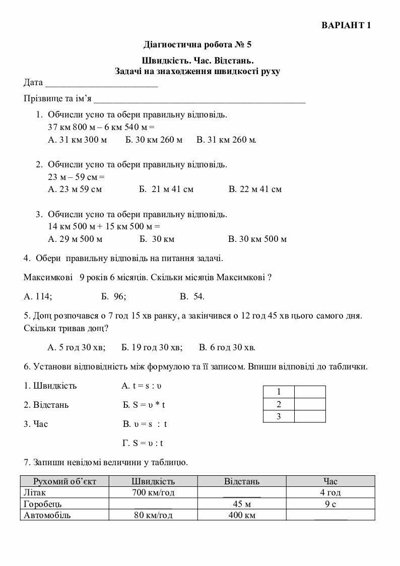 Діагностувальна робота №5 у 2 х варіантах Швидкість Відстань Час