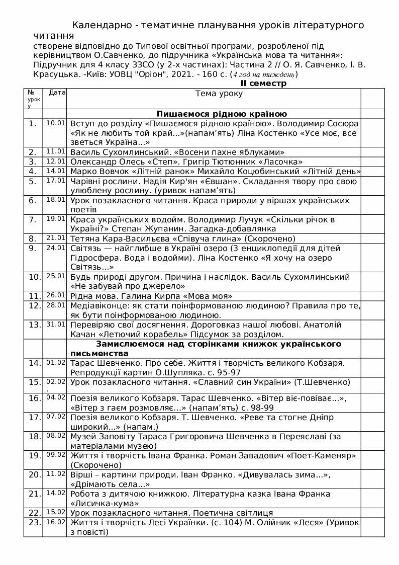 4 клас 2 семестр ЧИТАННЯ Календарне планування 📚 КТП Літературне читання