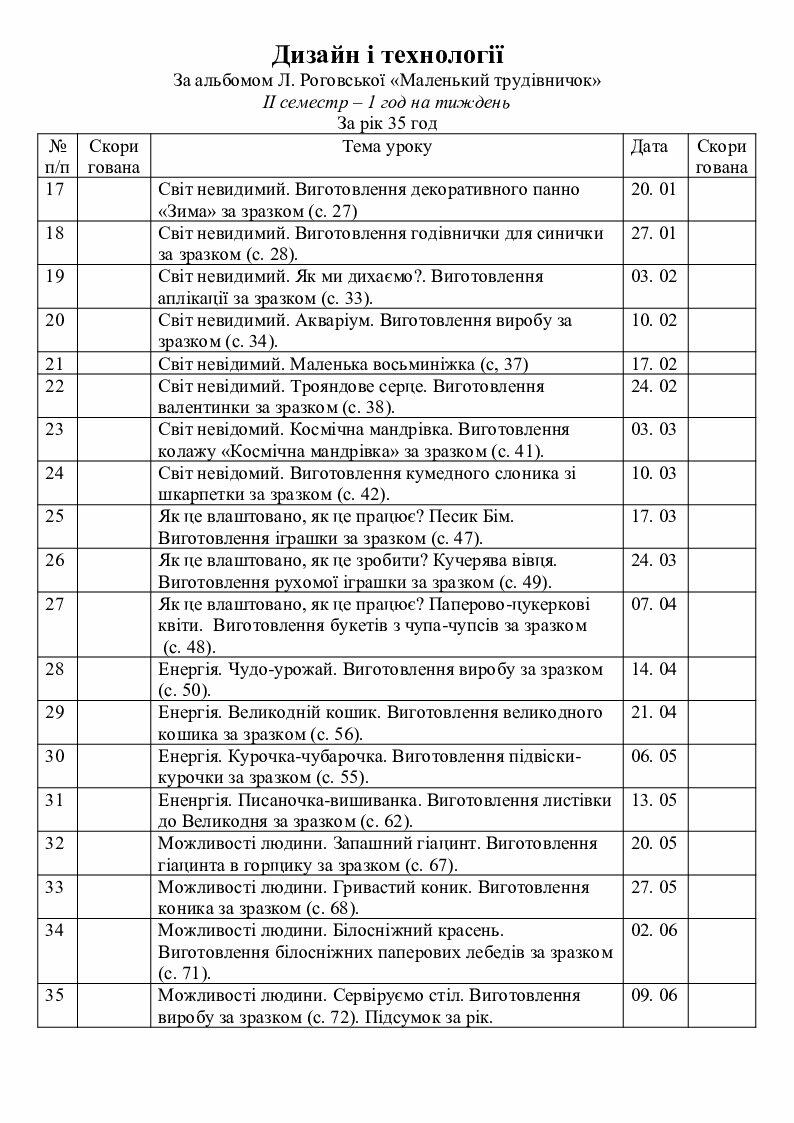 Календарне планування Дизайн і технології за альбомом Л Роговської Маленький трудівничок